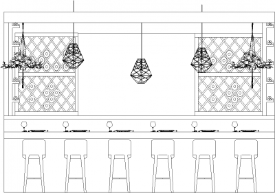 3380mm Height Wooden Bar Counter With Six Bar Stools Front Elevation