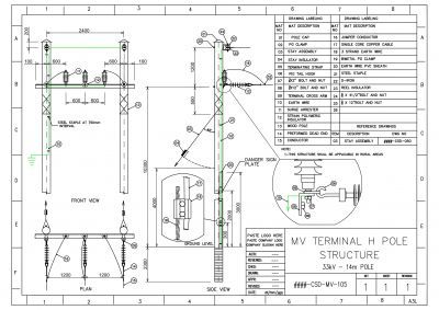 Terminal de media tensión Estructura de poste en H 33kV 14m de poste | Thousands of free CAD blocks